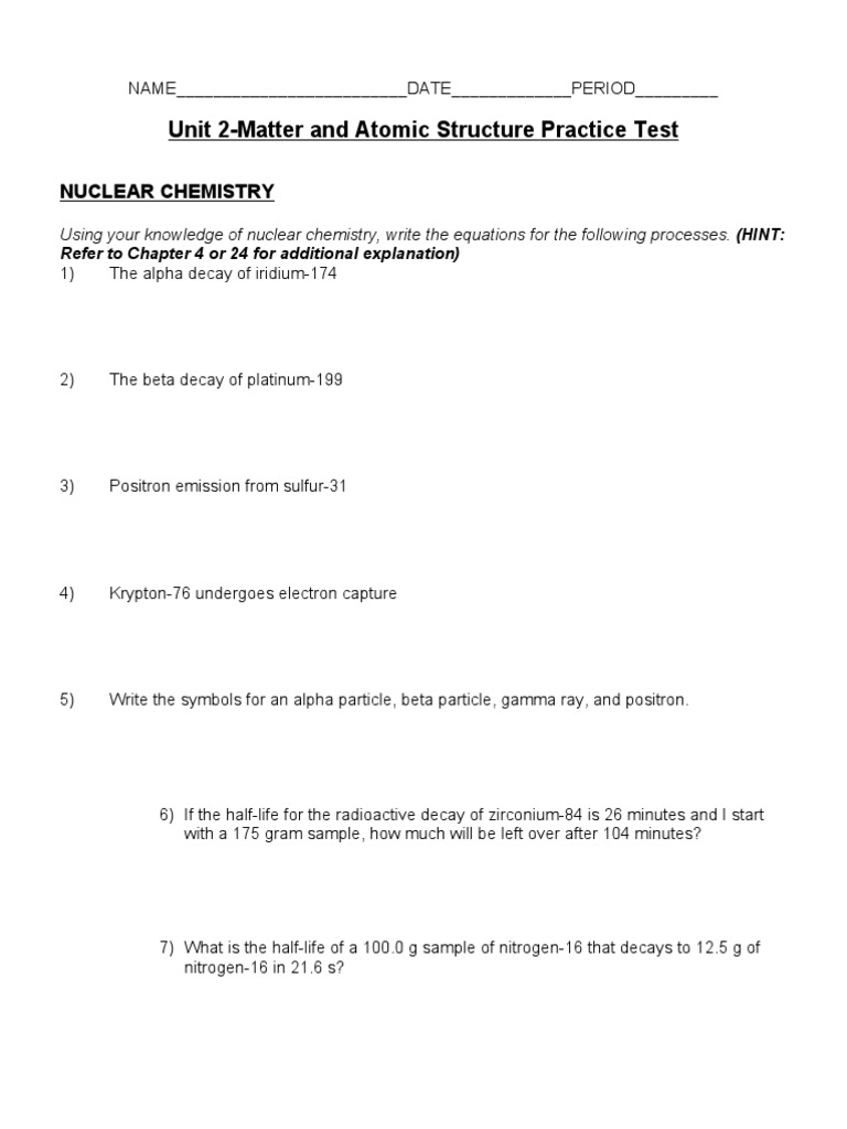 Nuclear Chemistry Practice Test | PDF | Radioactive Decay | Isotope