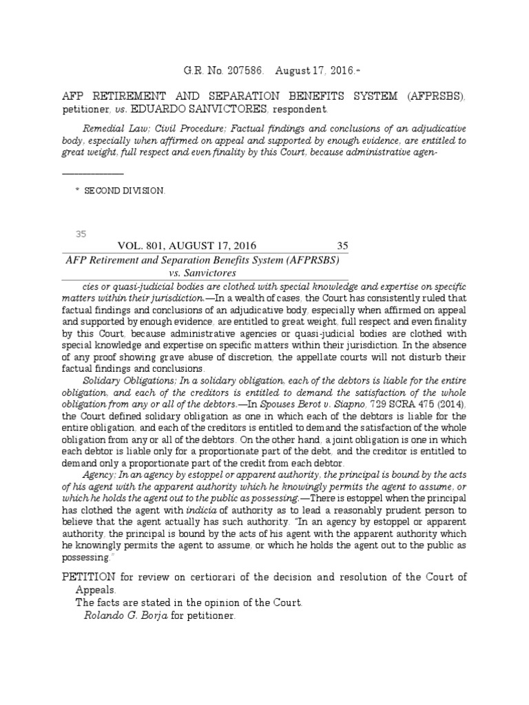 AFP Retirement and Separation Benefits System (AFPRSBS) vs. Sanvictores ...