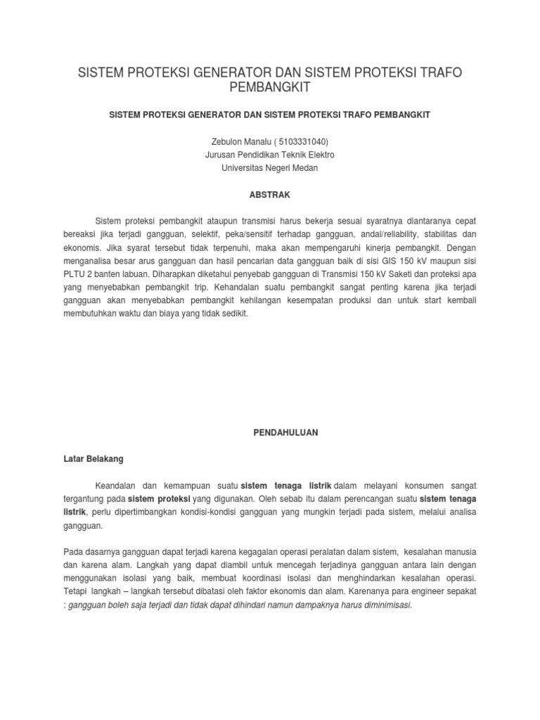 Sistem Proteksi Generator Dan Sistem Proteksi Trafo Pembangkit | PDF