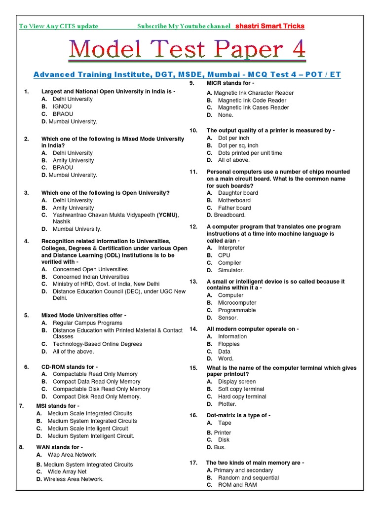 Advanced Training Institute, DGT, MSDE, Mumbai - MCQ Test 4 - POT / ET ...