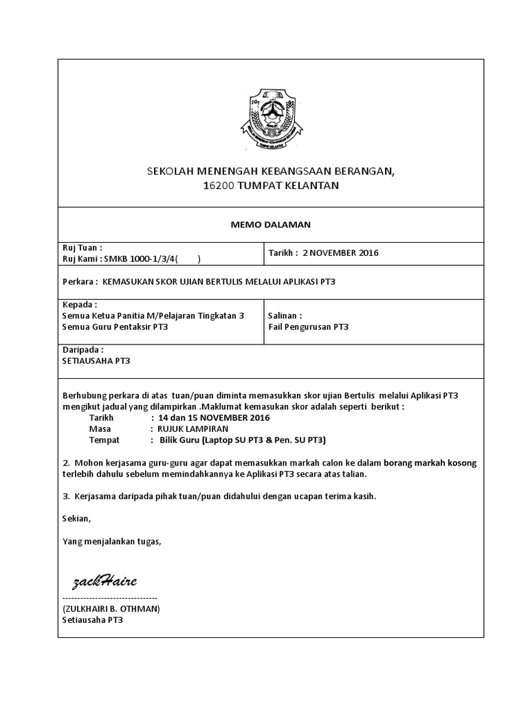 Memo Kemasukan Markah PT3 | PDF