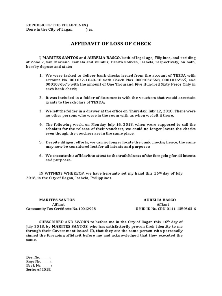 Affidavit of Loss of Bank Checks | PDF | Social Science