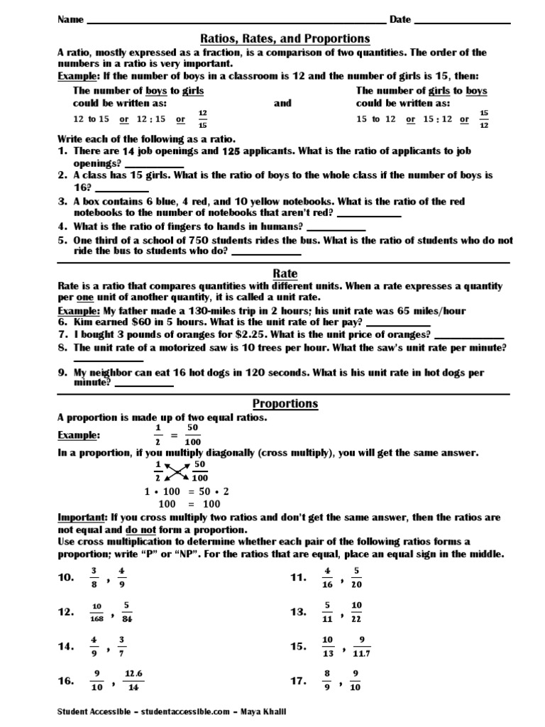 Ratios, Rates, and Proportions Worksheet | PDF | Ratio | Elementary ...