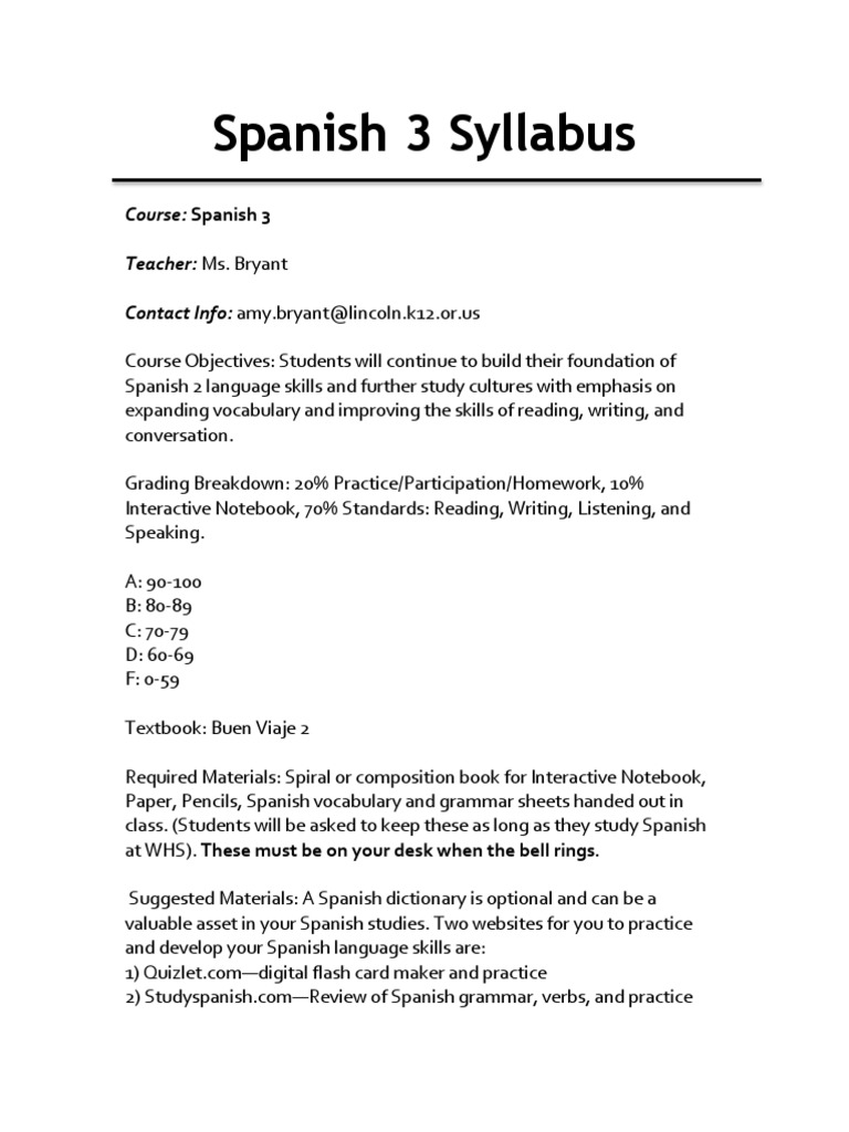 Spanish 3 Syllabus Revised | PDF | Homework | Classroom