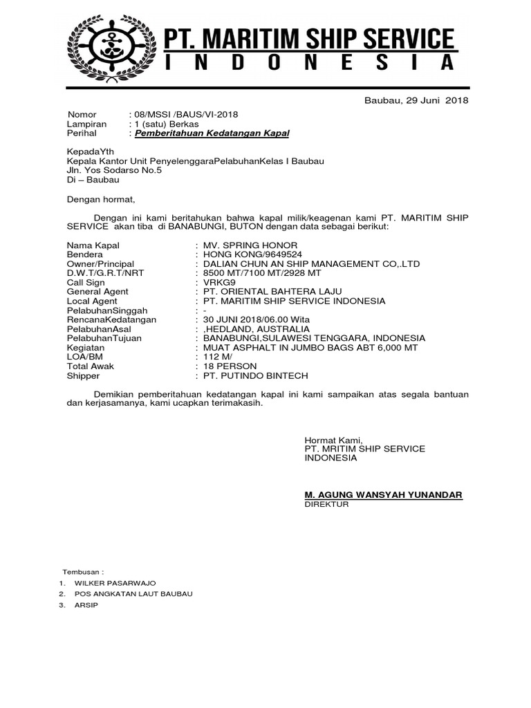 Pemberitahuan Kedatangan MV. Spring Honor | PDF | Sains & Matematika ...