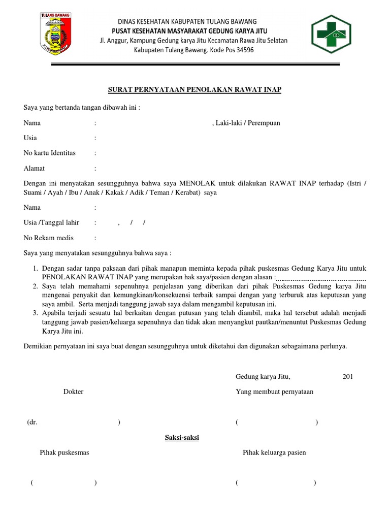 Surat Pernyataan Penolakan Rawat Inap | PDF