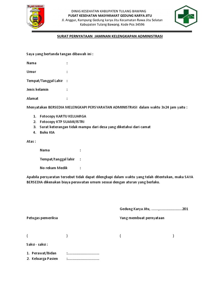 Surat Jaminan Kelengkapan Administrasi Jampersal | PDF
