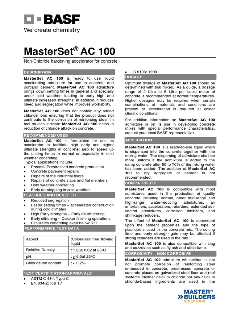 Masterset Ac 100: Non-Chloride Hardening Accelerator For Concrete | PDF ...