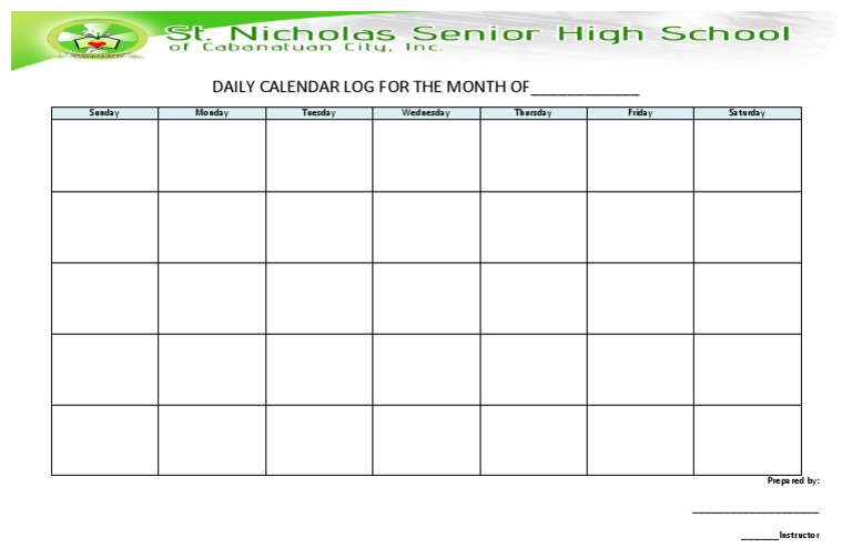 Monthly Calendar Log Template | PDF