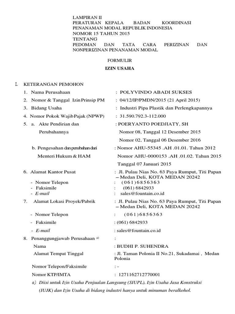 Formulir Permohonan Izin Usaha Industri Pt Pas 2018 Pdf Bisnis