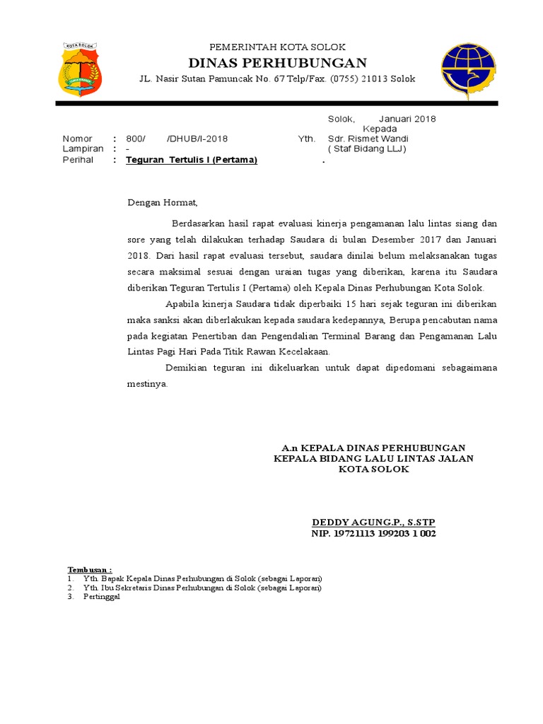 Teguran Tertulis untuk Staf LLJ Solok | PDF