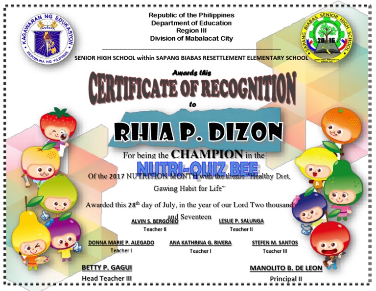 Nutrition Month Champion Certificate 2017 | PDF