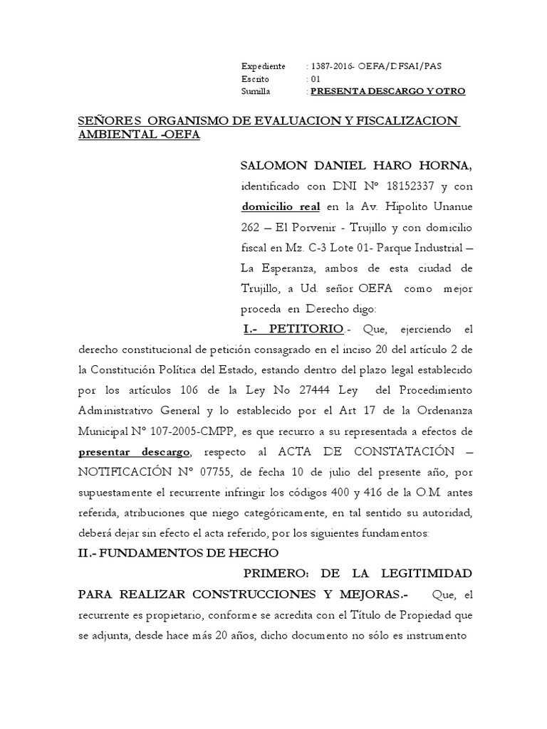 Modelo de Descargo | PDF | Regulación | Propiedad