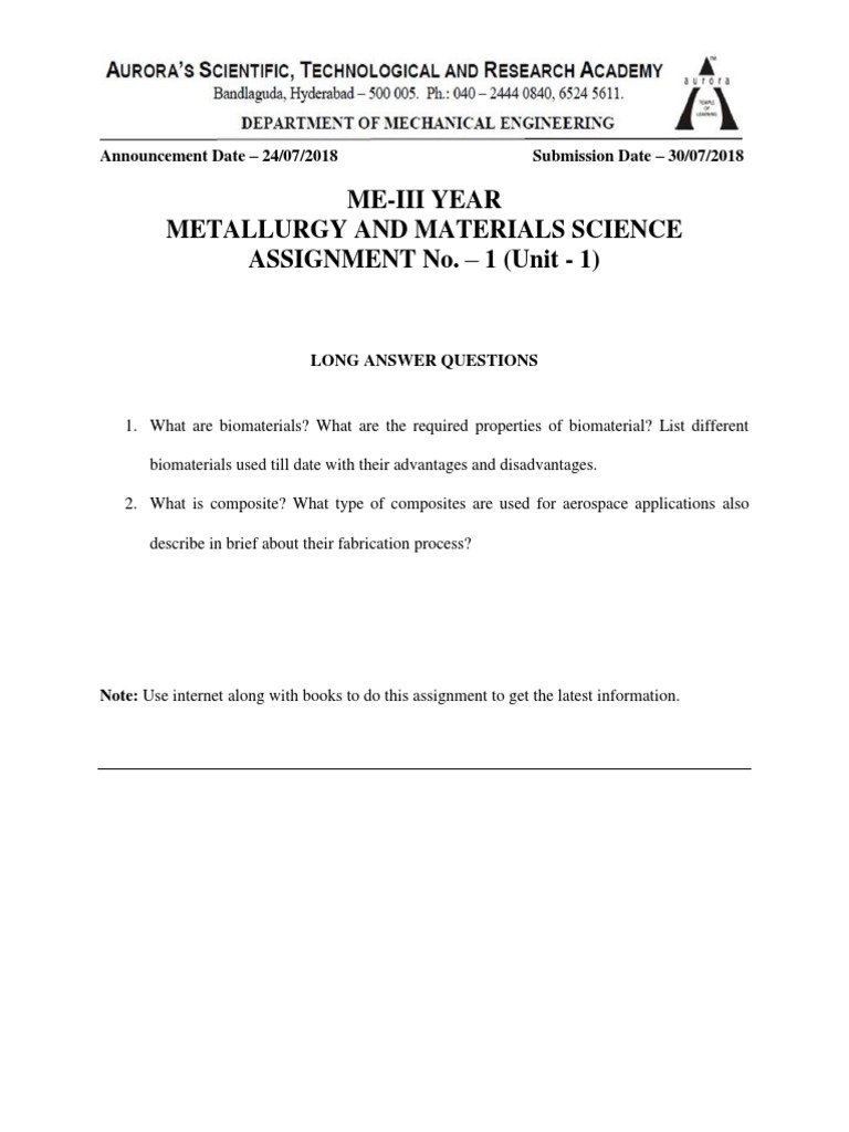 Me Iii Year Metallurgy And Materials Science Assignment No 1 Unit
