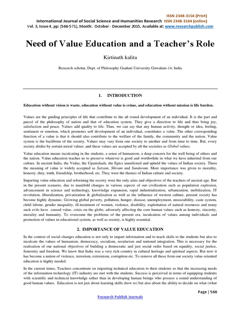 Need of Value Education-2563 | PDF | Value (Ethics) | Teachers