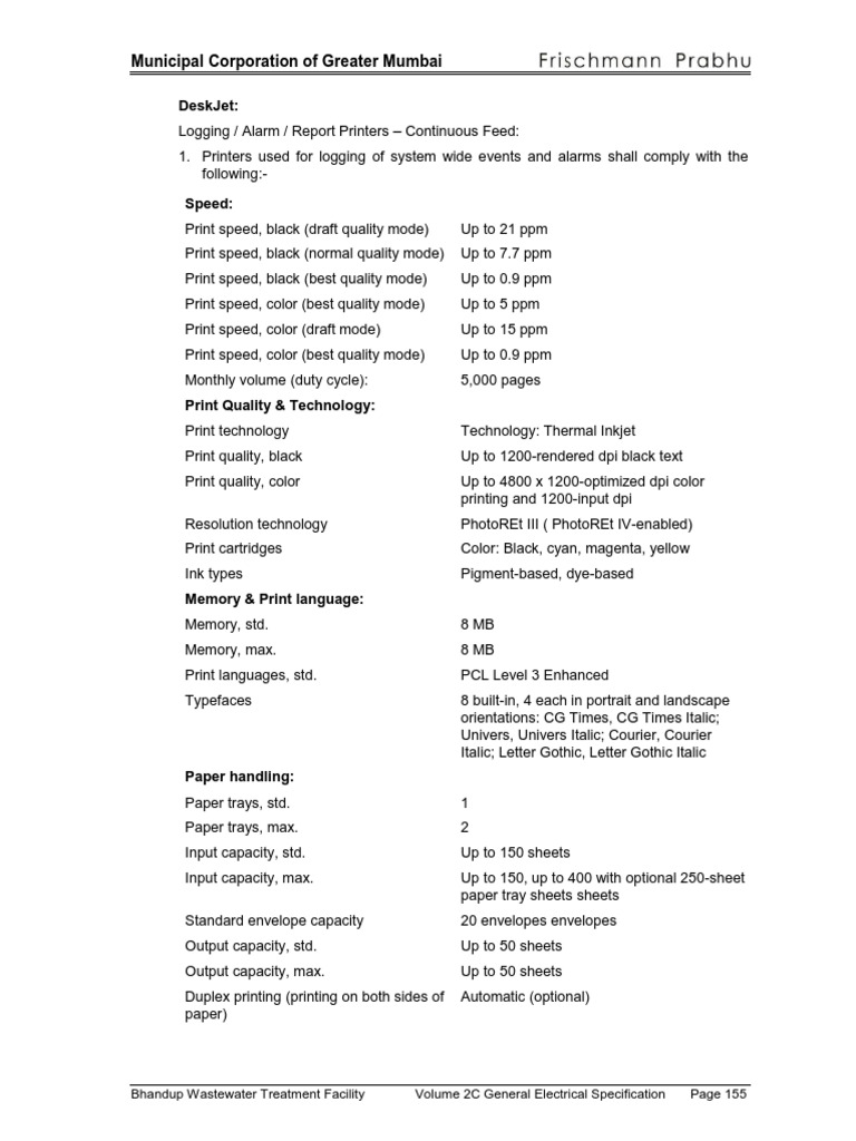 Specifications for Printers, Multifunction Printers, and SCADA/MMI ...