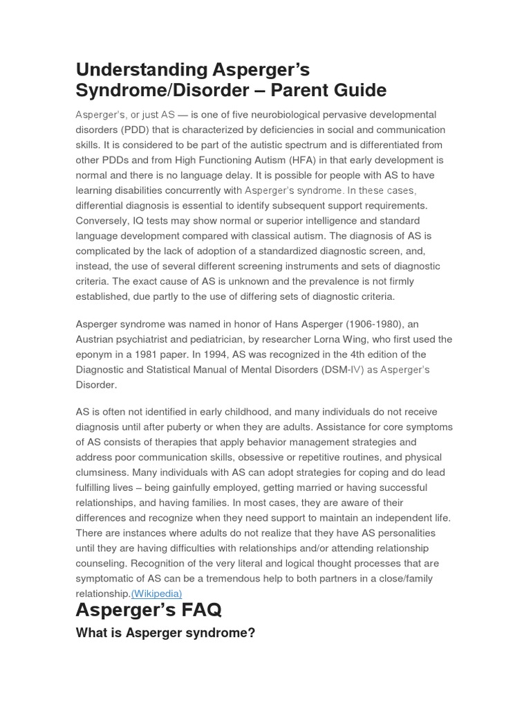 Understanding Asperger's Syndrome/Disorder - Parent Guide | PDF ...