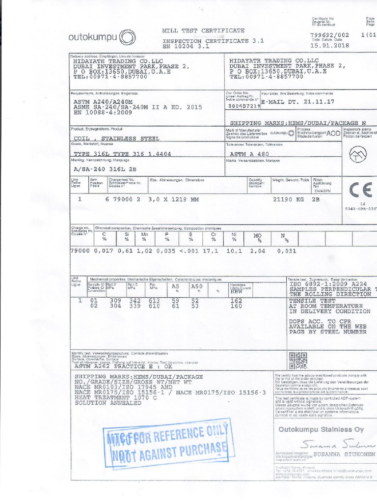 Mill Test Certificate