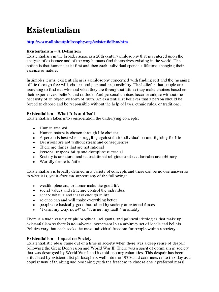 Existentialism - A Definition | PDF | Existentialism | Metaphysics Of Mind