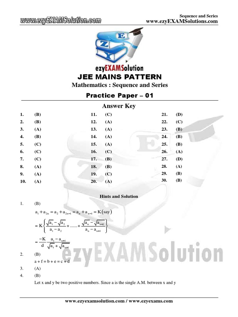Jee Mains Pattern: Mathematics: Sequence and Series Practice Paper - 01 ...