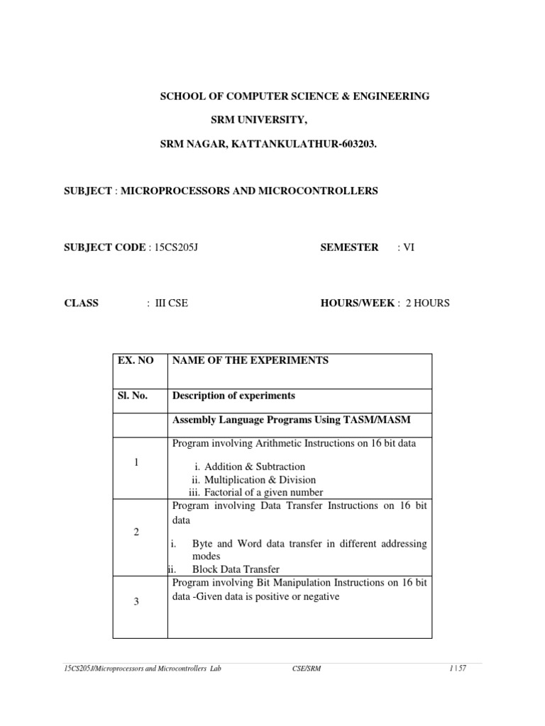 15CS205J-Microprocessors and Microcontrollers Lab Manual | PDF | Assembly Language | String ...