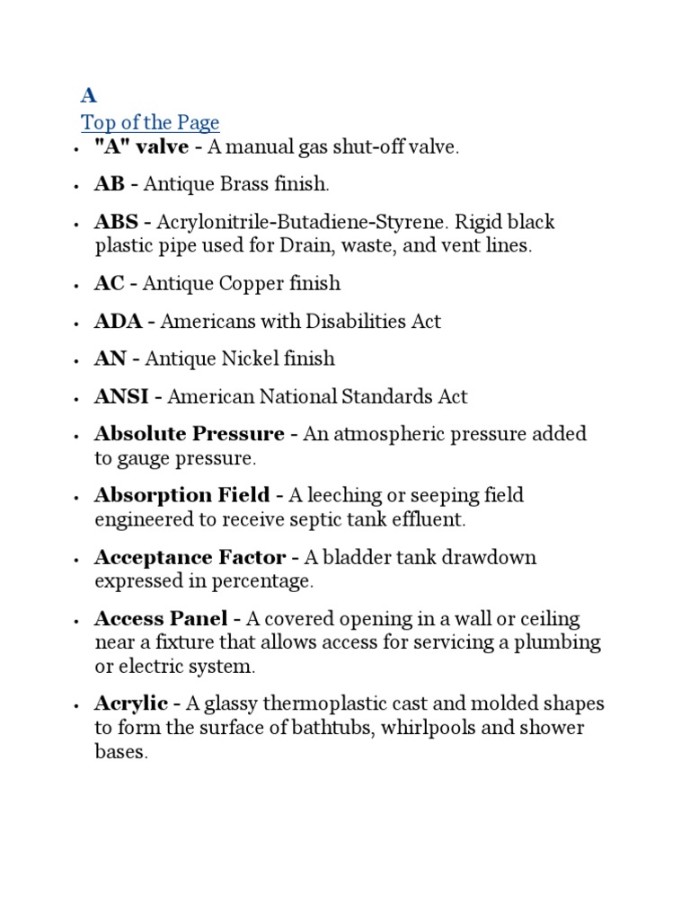 Glossary of Plumbing Terms: Definitions from A to B | PDF | Pipe (Fluid ...