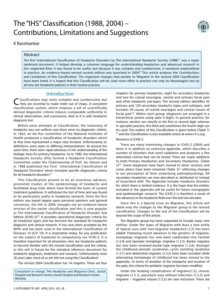 The "IHS" Classification (1988, 2004) - Contributions, Limitations and ...