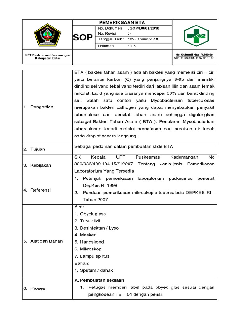 Sop Pemeriksaan Bta | PDF