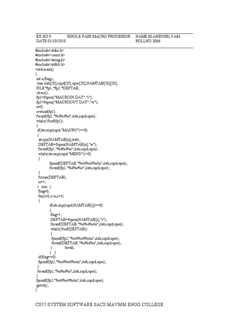 Single Pass Macro Processor Code | PDF