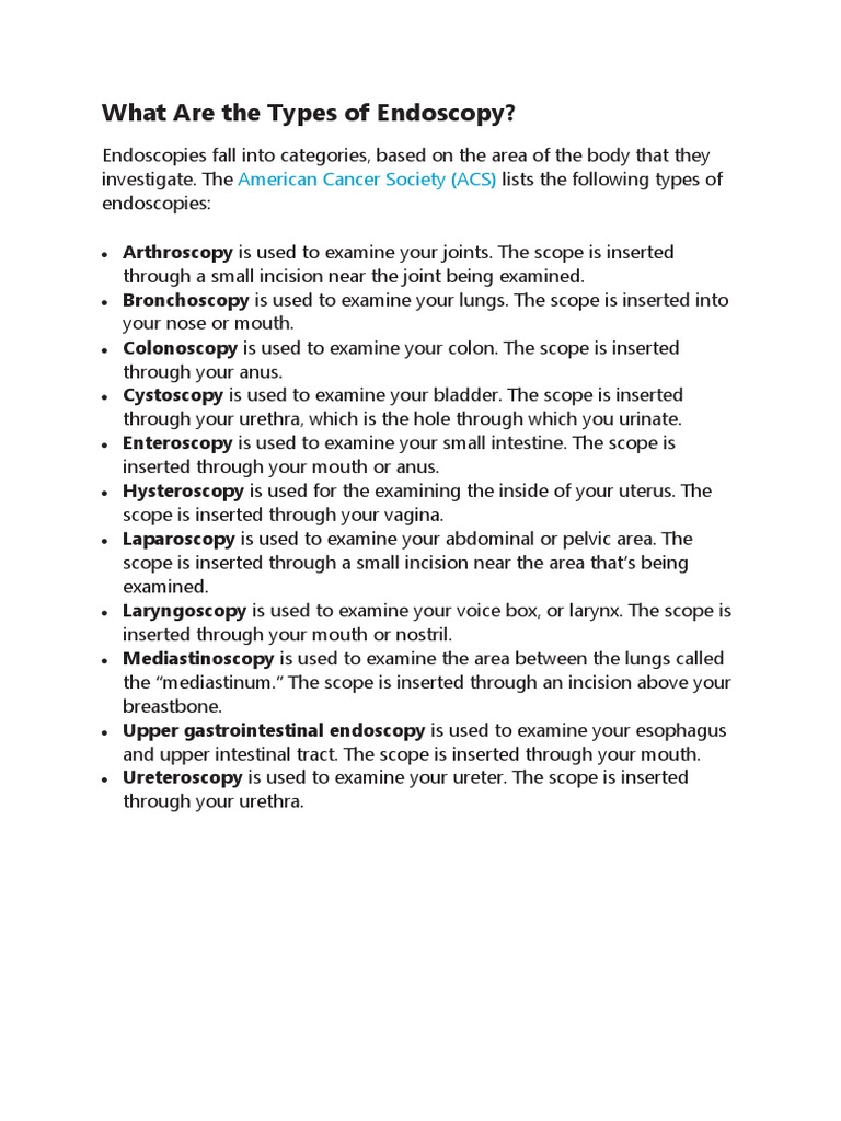 Types of Endoscopy Explained | PDF | Endoscopy | Abdomen