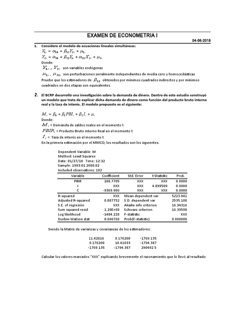 Examen Parcial de Econometria I - 2018 | PDF | Econometría | Matemáticas Aplicadas