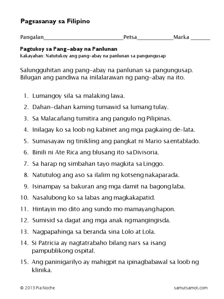 Pagtukoy Sa Pang Abay Na Panlunan 2 | PDF Pagtukoy Sa Pang Abay Na Panlunan 2 | PDF