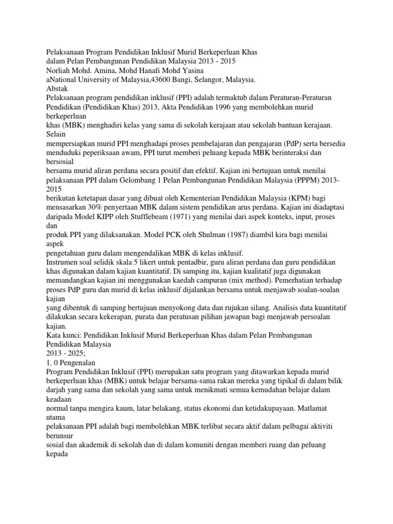 Pelaksanaan Program Pendidikan Inklusif Murid Berkeperluan Khas | PDF