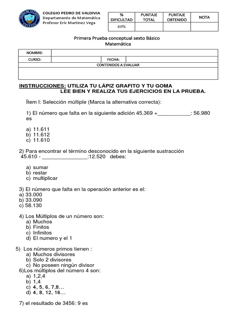 Prueba De Matemáticas 6 Básico Pdf Aritmética Matemática Elemental