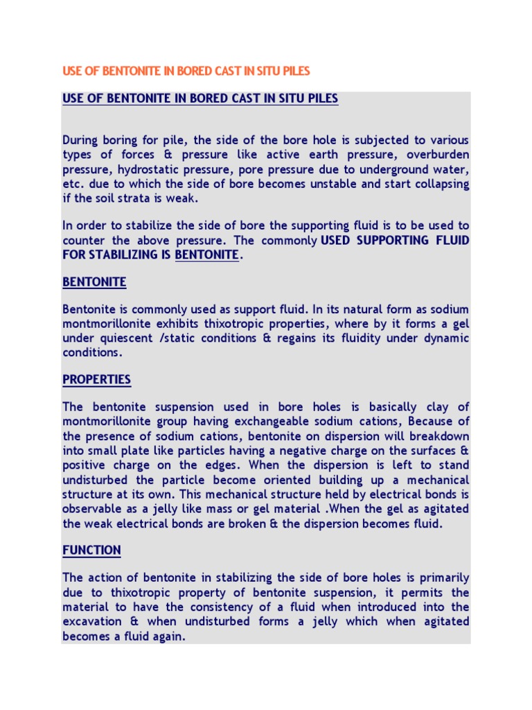 Use of Bentonite in Bored Cast in Situ Piles | PDF | Deep Foundation | Soil