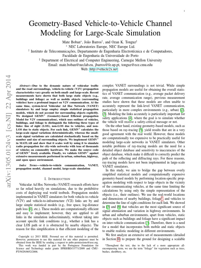 Geometry-Based Vehicle-to-Vehicle Channel Modeling For Large-Scale Simulation | PDF | Simulation ...