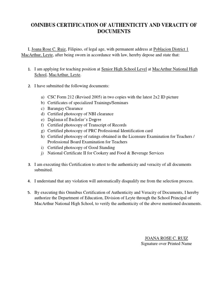 Omnibus Certification of Authenticity and Veracity of Documents | PDF ...