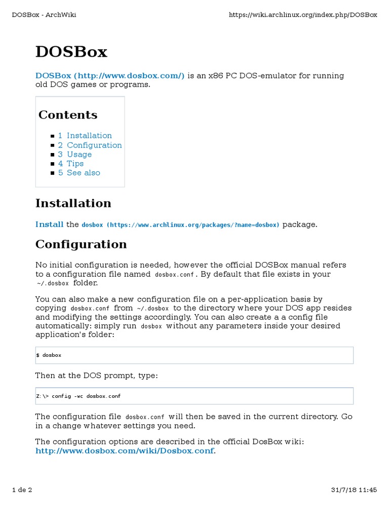 Dosbox: 1 Installation 2 Configuration 3 Usage 4 Tips 5 See Also | PDF | Dos | Computer File