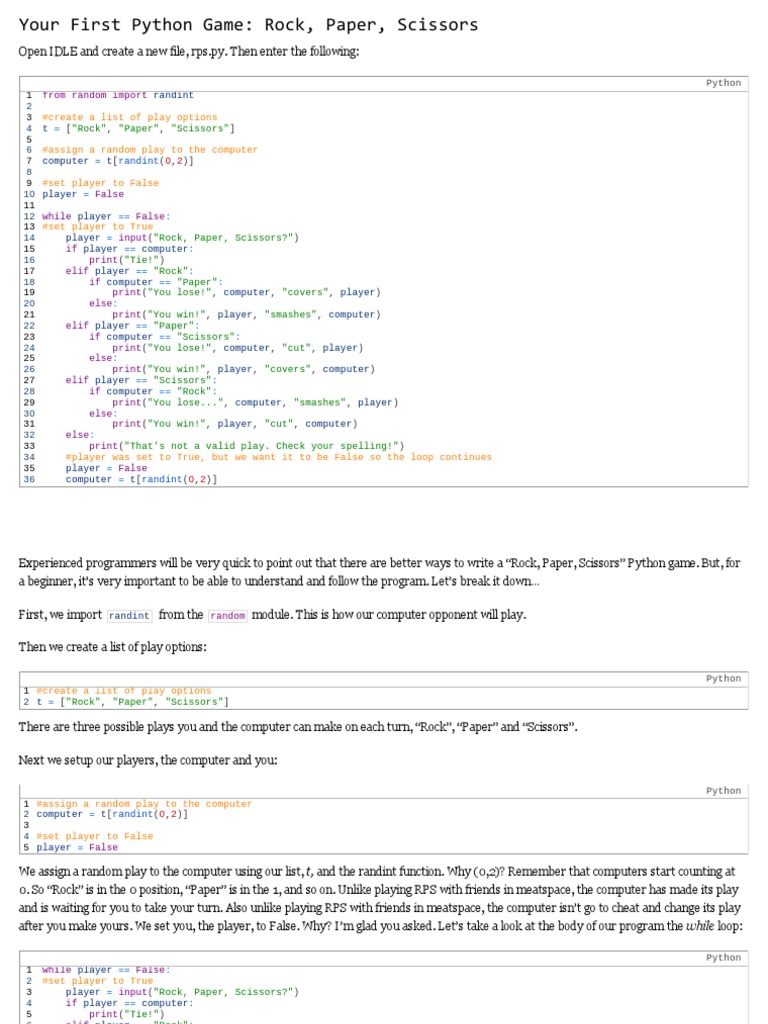 Your First Python Game Rock Paper Scissors Python The Hello World Program Pdf Pdf 
