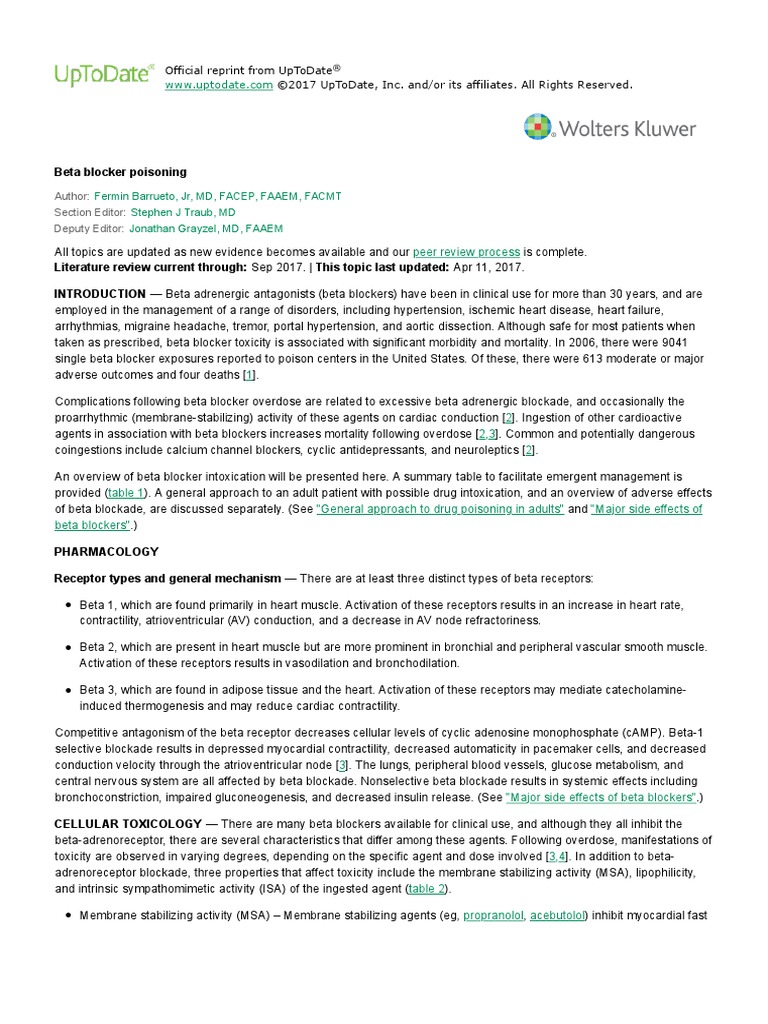 Beta Blocker Poisoning - UpToDate | PDF | Clinical Medicine | Medical ...