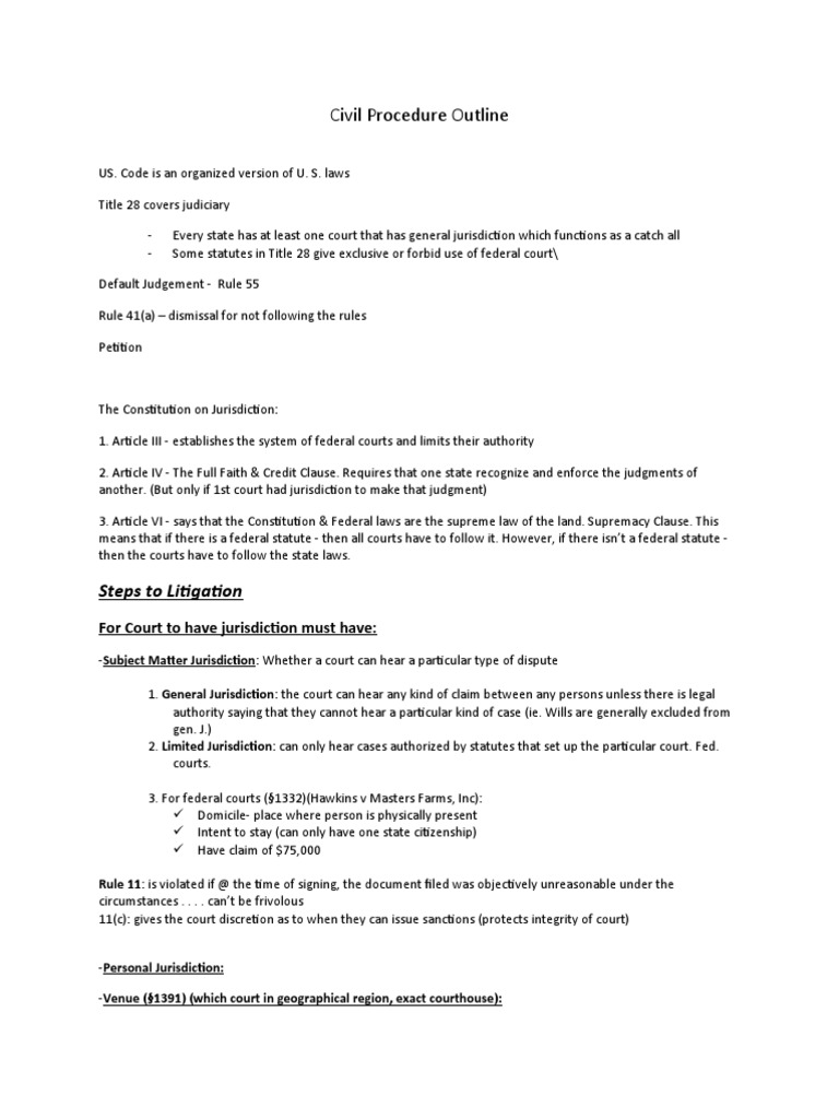 Civil Procedure Overview and Key Rules | PDF | Personal Jurisdiction ...