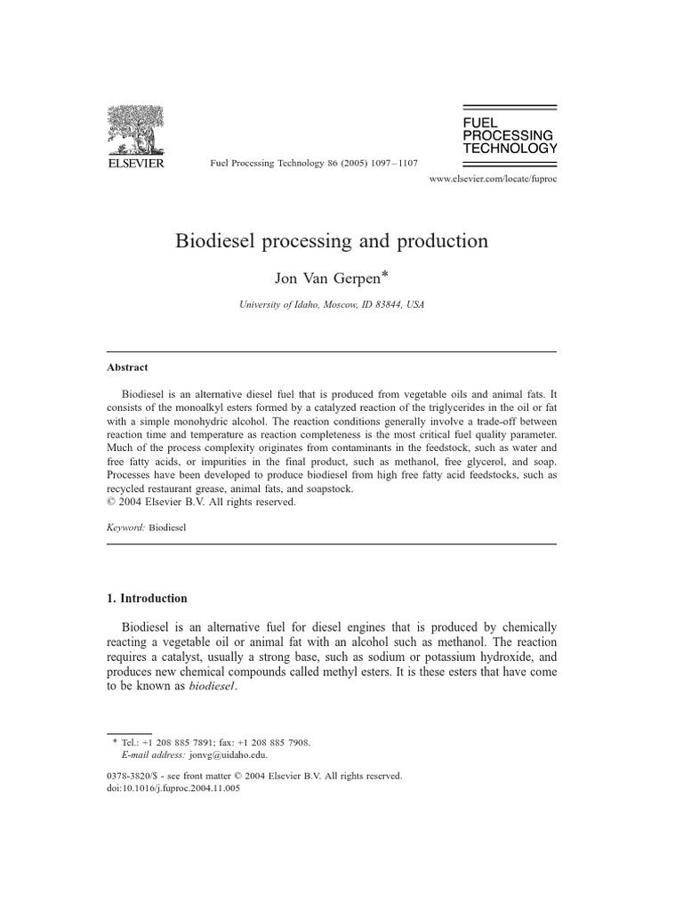 Biodiesel Processing and Production: Jon Van Gerpen | PDF