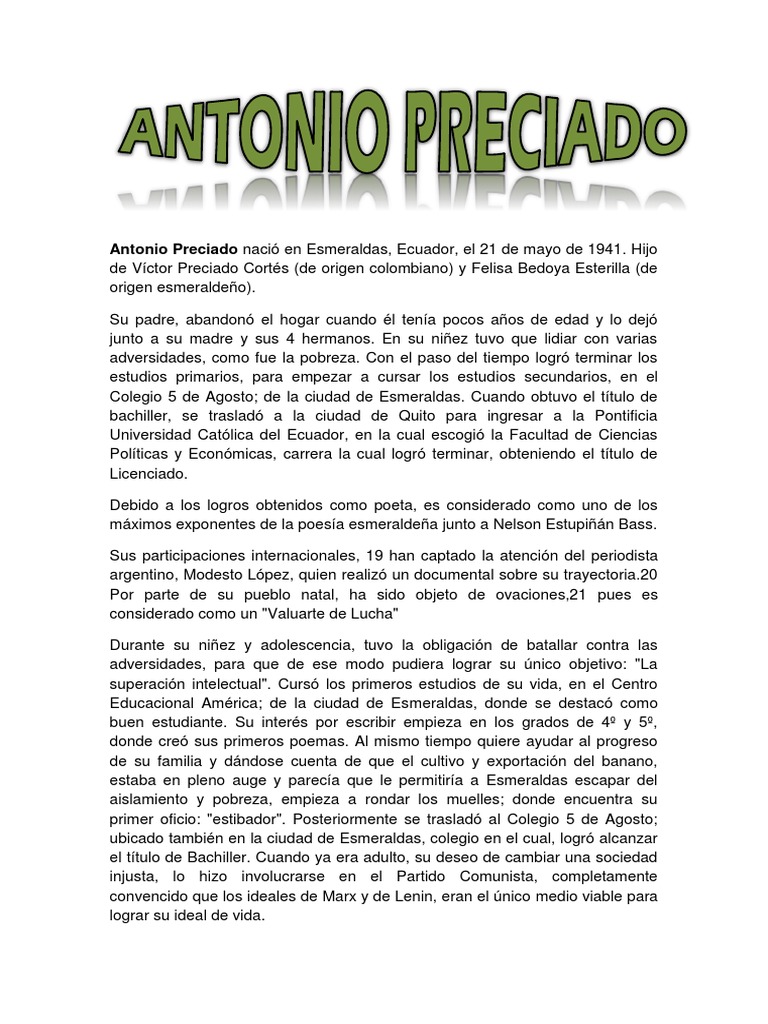 Biografia de Antonio Preciado | Ecuador | Poesía