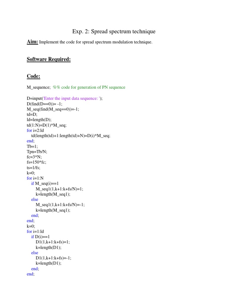 Exp. 2: Spread Spectrum Technique: %% Code For Generation of PN Sequence | PDF