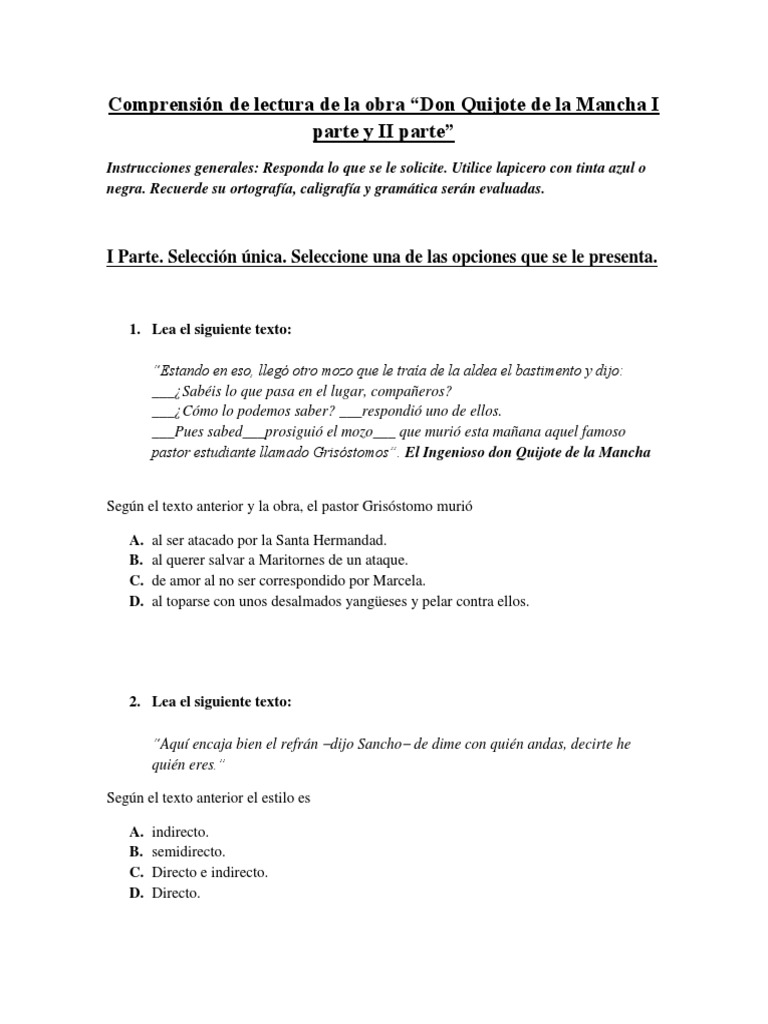 Comprensión de Lectura de La Obra Quijote | PDF | Don Quijote | Caza