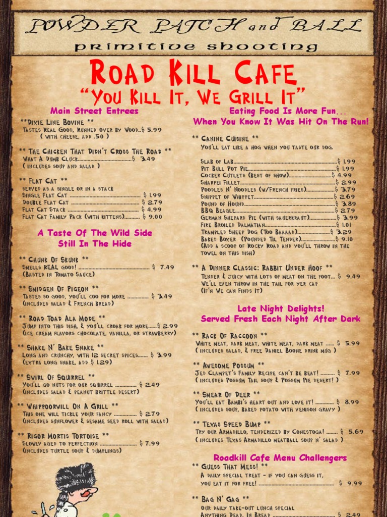 Road Kill Cafe Menu | PDF | Cooking | Food And Drink
