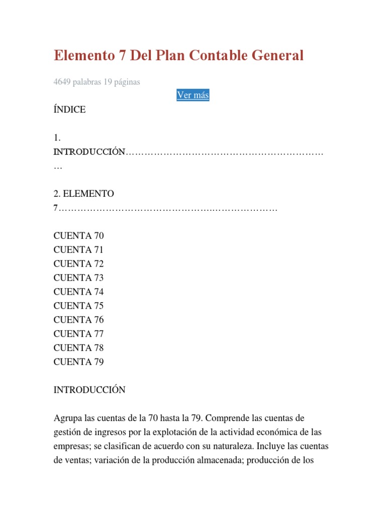 Elemento 7 del Plan Contable General: Cuentas de ingresos por la explotación de la actividad ...