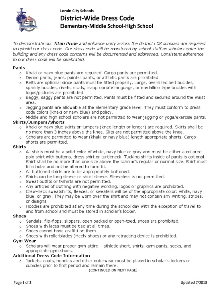 District-Wide Dress Code: Elementary-Middle School-High School | PDF ...