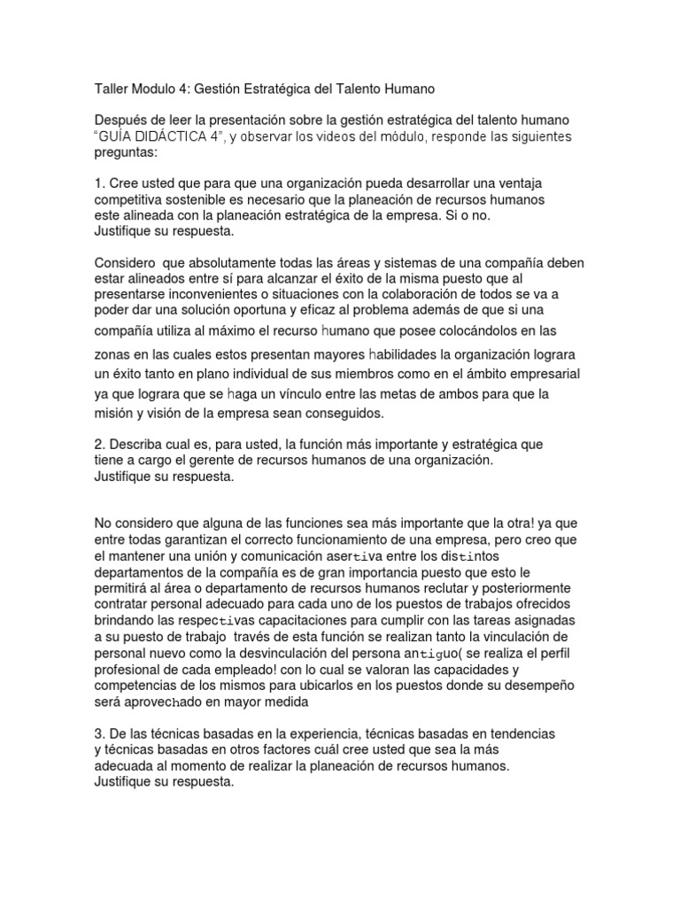 Taller Modulo 4 Recursoso Humanos | PDF | Gestión de recursos humanos | Planificación