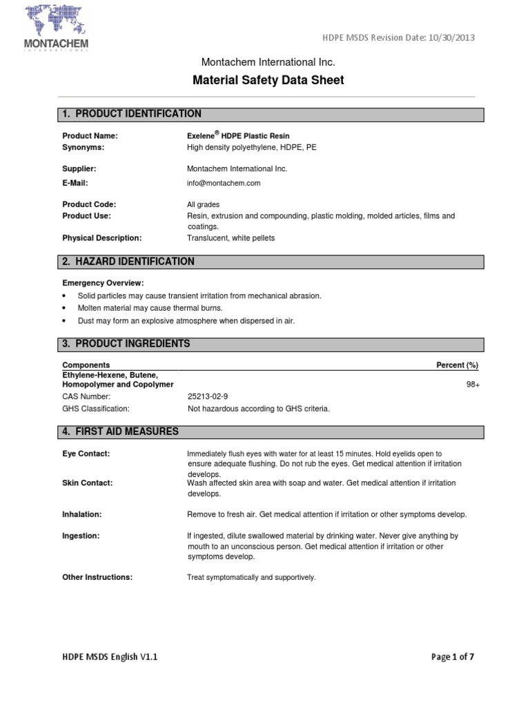 HDPE MSDS English V1.1 | PDF | Dangerous Goods | Materials